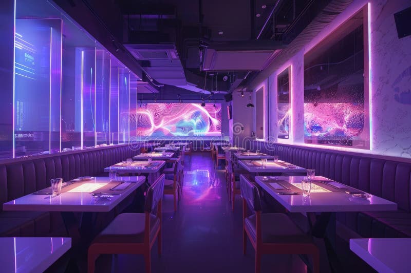Futuristic Restaurant Interior with Neon Lighting and Modern Design for ...