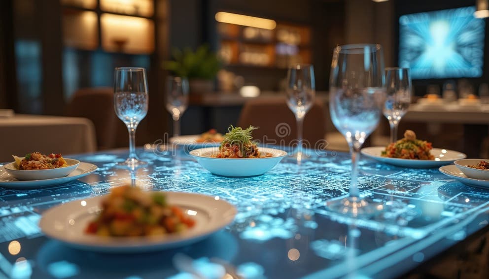 Futuristic Restaurant Scene with Interactive Table Gourmet Cuisine ...