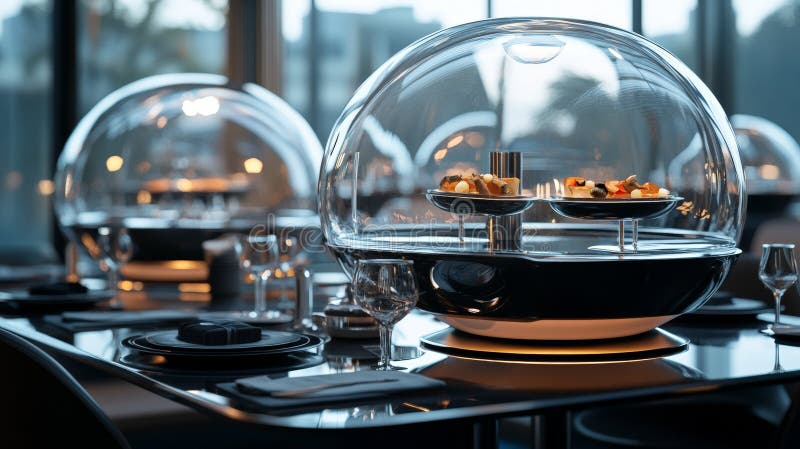 Futuristic Restaurant Table Setting with Glass Dome Serving Platters ...