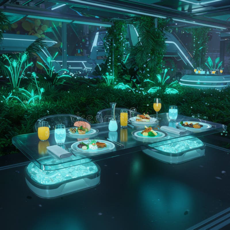 Futuristic Restaurant with Teal Lighting and Tropical Plants Stock ...