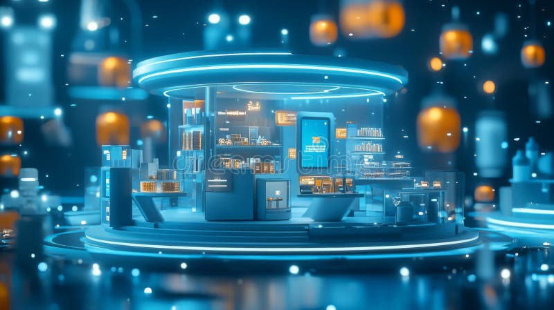 Futuristic Retail Store with Glowing Blue and Orange Lights Stock ...