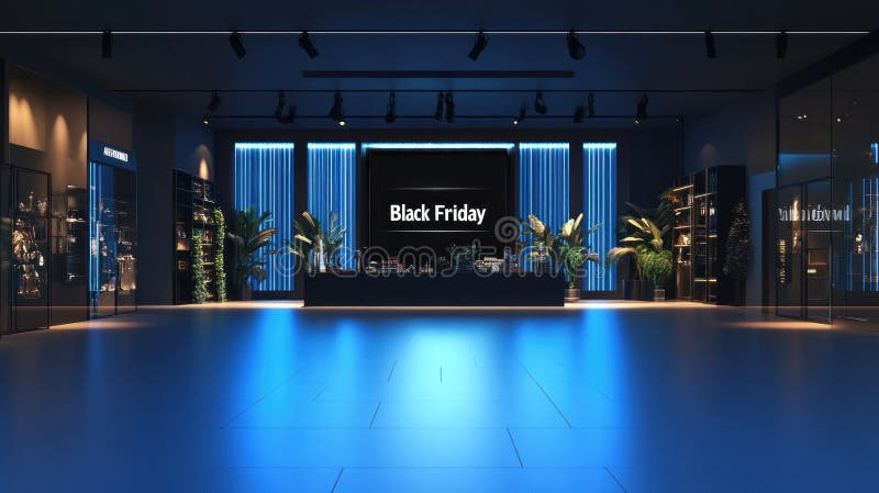 Futuristic Retail Store Interior with "Black Friday" Signage and Blue ...