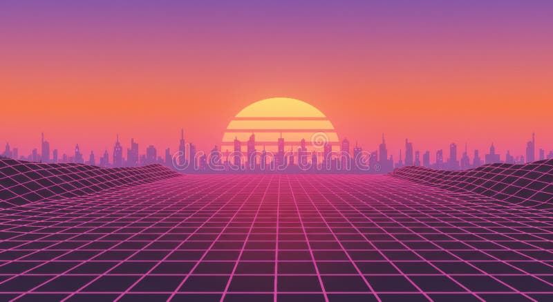 Futuristic Retro Cityscape at Sunset with Neon Grid and Vibrant Skyline ...