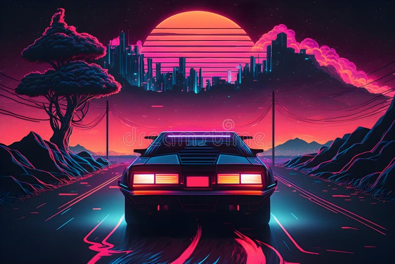 The Futuristic Retro Landscape of the 80s. Illustration of the Sun with ...