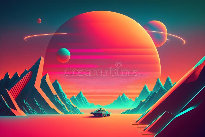 The Futuristic Retro Landscape of the 80s. Illustration of the Sun with ...