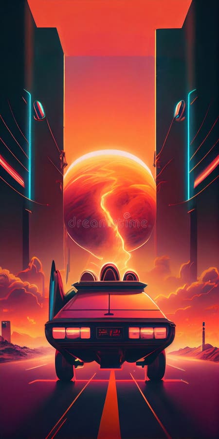 The Futuristic Retro Landscape of the 80s. Illustration of the Sun and ...