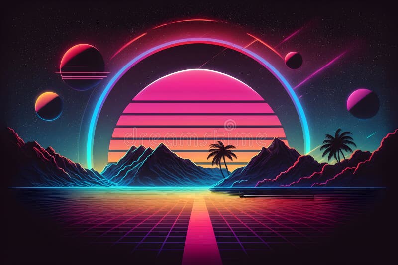 The Futuristic Retro Landscape of the 80s. Illustration of the Sun with ...