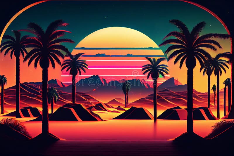 The Futuristic Retro Landscape of the 80s. Illustration of the Sun with ...
