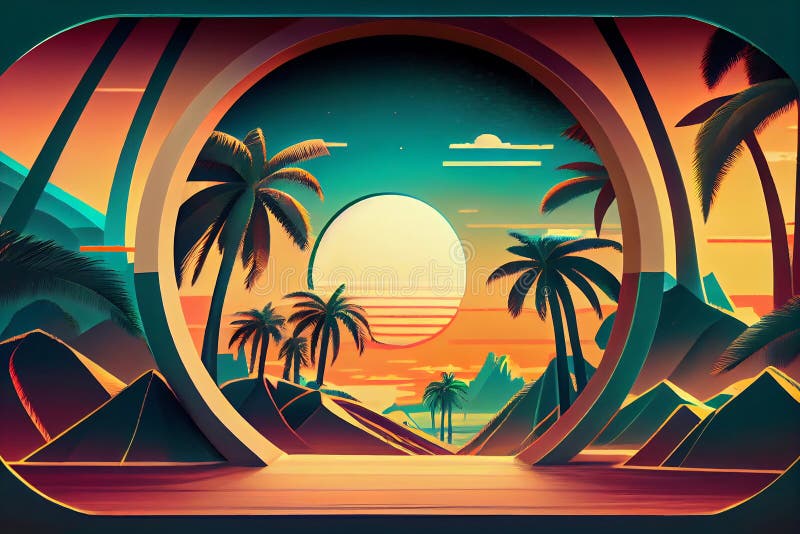 The Futuristic Retro Landscape of the 80s. Illustration of the Sun with ...