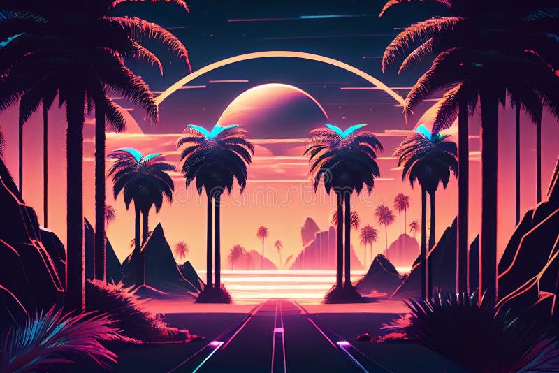 The Futuristic Retro Landscape of the 80s. Illustration of the Sun with ...