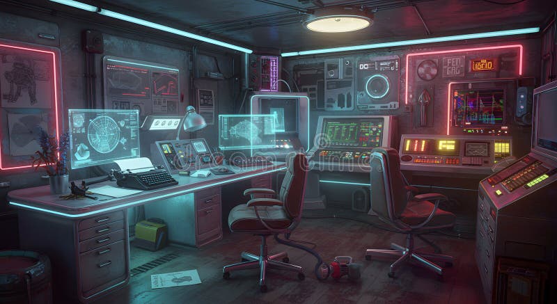 Futuristic Retro Sci-Fi Control Room Workstation Interior Design Stock ...
