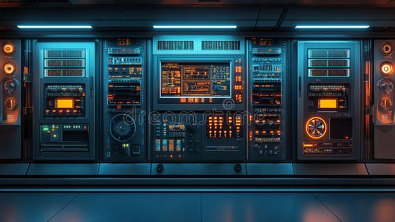 Futuristic Retro Tech Control Panel Interface Digital Neon Lights SciFi ...