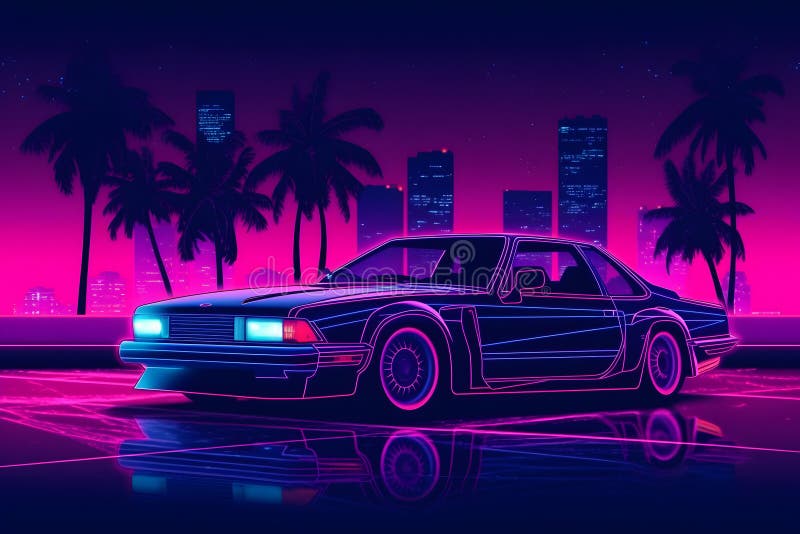 Futuristic Retro Wave Synth Wave Car. Retrowave Style Stock ...