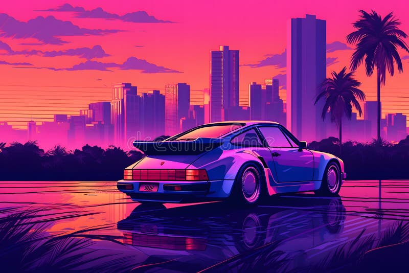 Futuristic Retro Wave Synth Wave Car. Neural Network AI Generated Stock ...