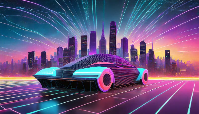 Futuristic Retro Wave Synth Wave Car. Neural Network Stock Illustration ...