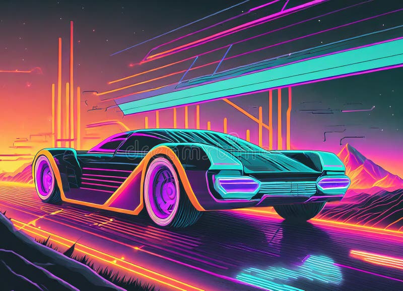 Futuristic Retro Wave Synth Wave Car. Neural Network Stock Illustration ...