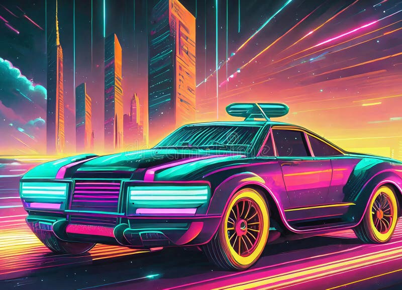 Futuristic Retro Wave Synth Wave Car. Neural Network Stock Illustration ...