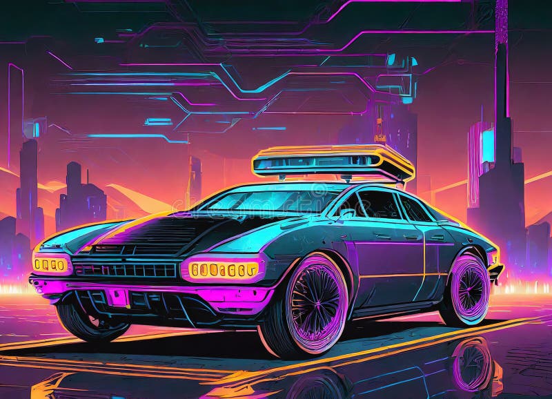 Futuristic Retro Wave Synth Wave Car. Neural Network Stock Illustration ...