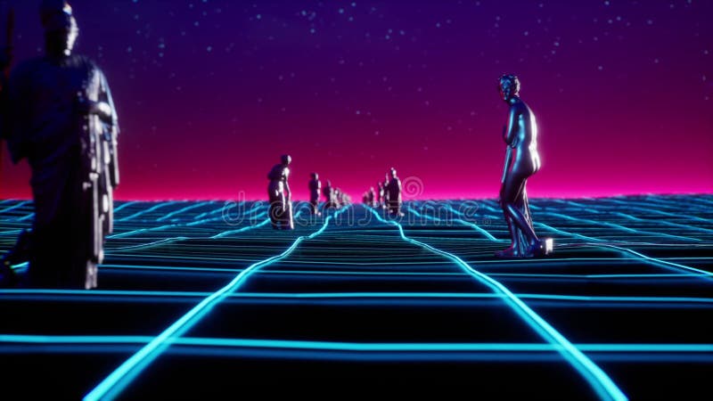 Futuristic Retrowave Vl Loop 3d Animation. Ancient Sculptures on Neon ...