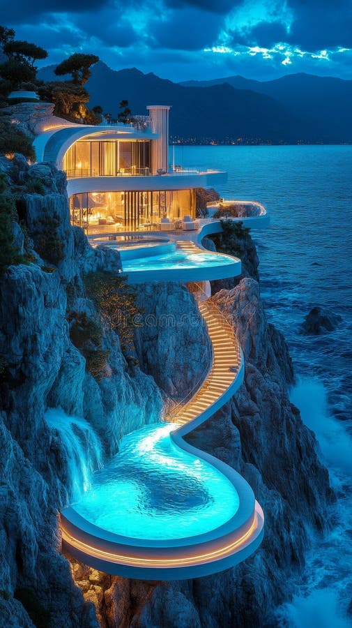 Futuristic Rich House Elegantly Perched on Cliff, with Multiple Levels ...