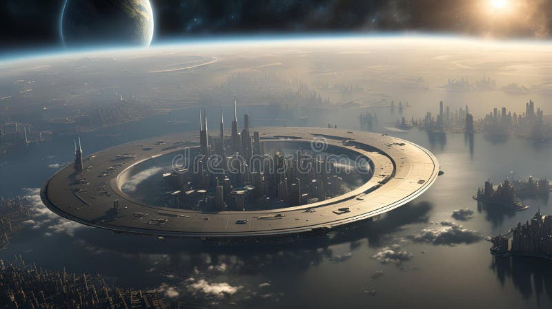 Futuristic Ring City Over Water and Planetary Horizon at Twilight Stock ...