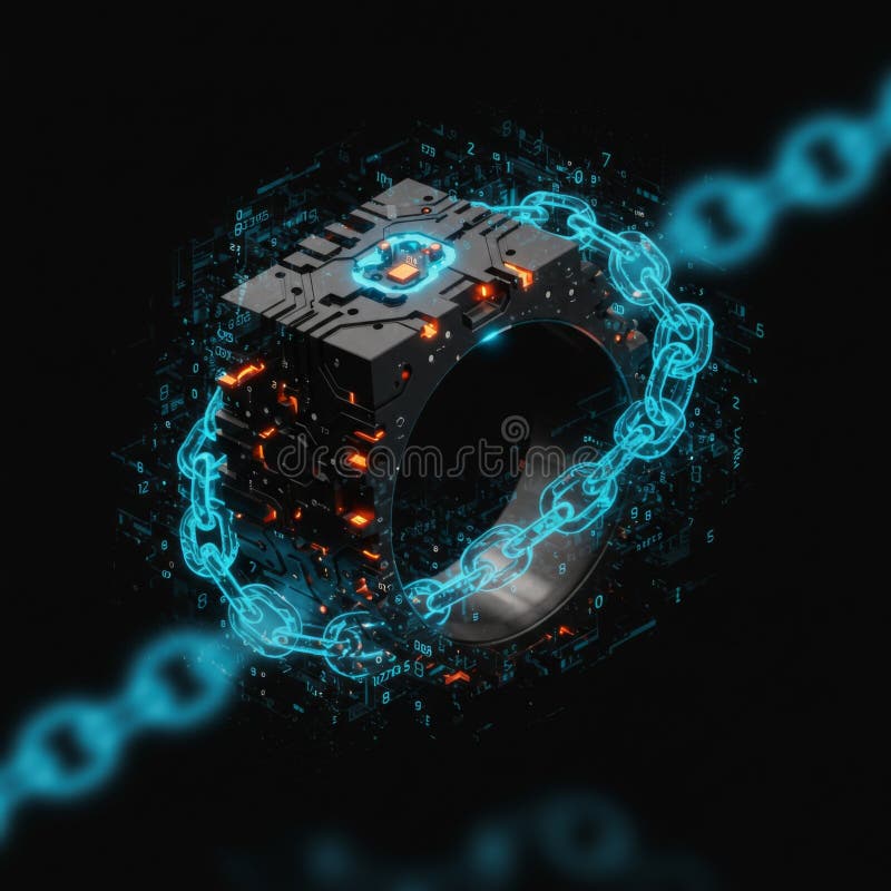 Futuristic Ring with Glowing Blue Chain and Orange Details Stock ...