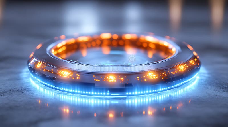 Futuristic Ring Glowing, City Backdrop, Technology Display Stock ...