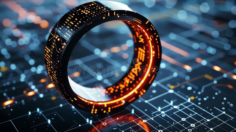 Futuristic Ring Displaying Glowing Data on Circuit Board Background ...