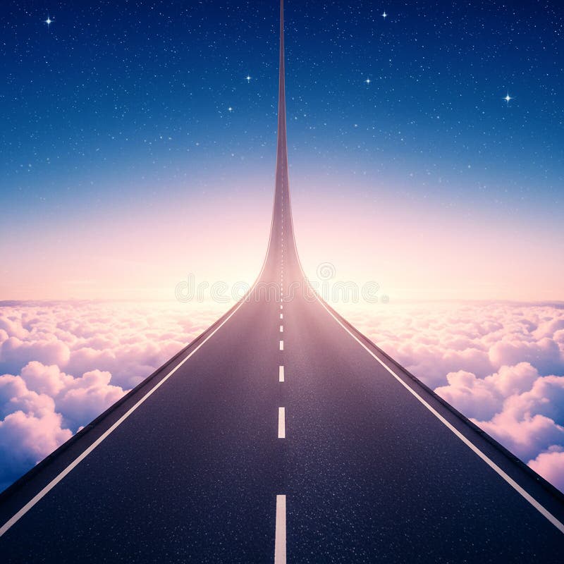 A Futuristic Road with a Dashed White Line Ascends into a Starlit Sky ...