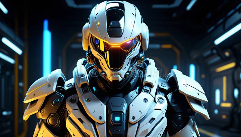 Futuristic Robot in Advanced Armor Stands in a High-tech Environment ...