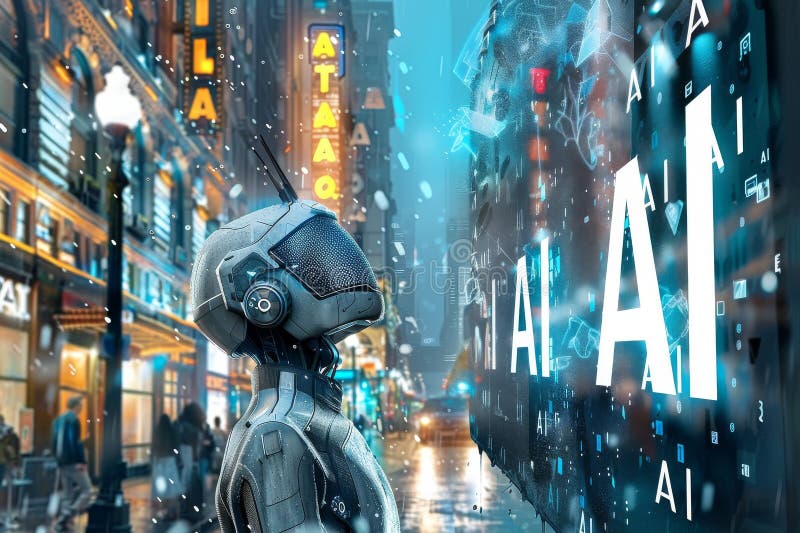 Futuristic Robot AI in Neon Lit City Advanced Technology Urban Setting ...