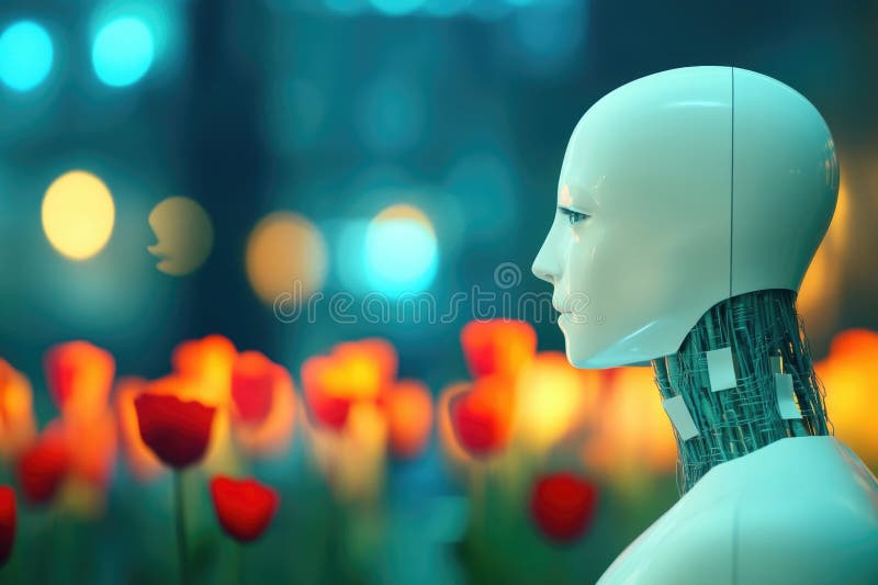 Futuristic Robot Amidst Vibrant Tulips at Night Stock Image - Image of ...