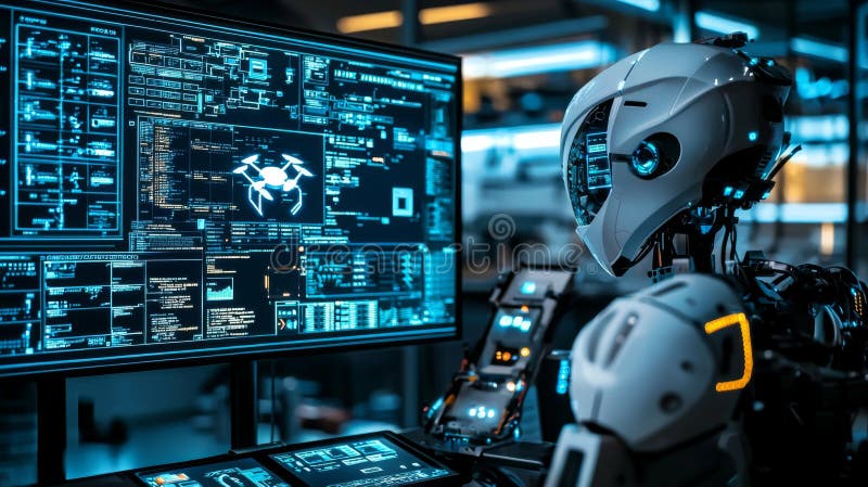 A Futuristic Robot Analyzes Drone Data in a High-tech Control Room at Dusk Stock Image - Image ...