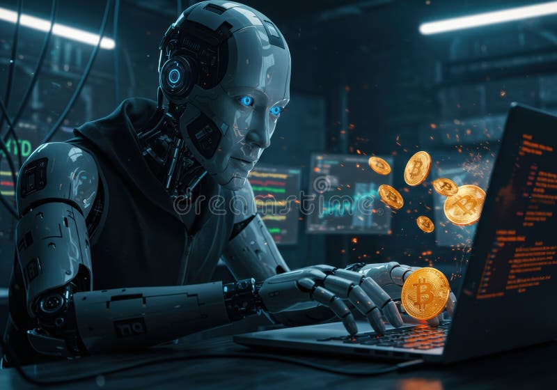 Futuristic Robot Analyzing Cryptocurrency Data with Bitcoin Graphics in ...