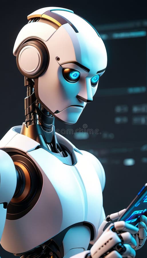 Futuristic Robot Analyzing Data on Digital Device with Blue Highlights ...