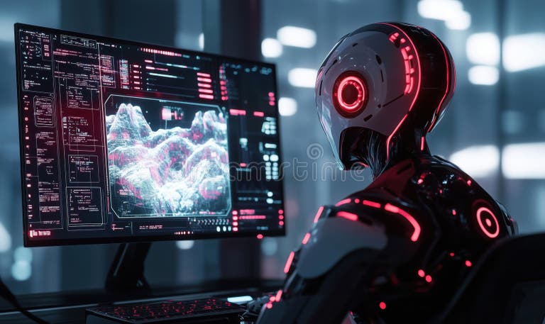Futuristic Robot Analyzing Data on High-tech Computer Screen in Neon Environment Stock Photo ...