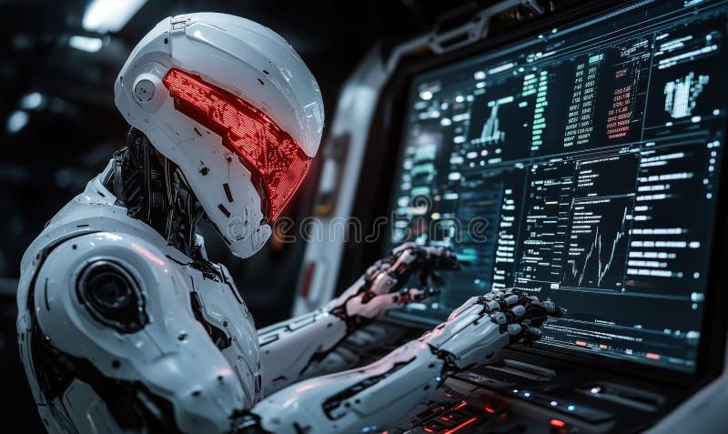 Futuristic Robot Analyzing Data on High-tech Computer Screen in Sci-fi ...