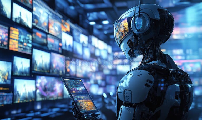 Futuristic Robot Analyzing Data in a High-tech Control Room with Multiple Screens Stock Image ...
