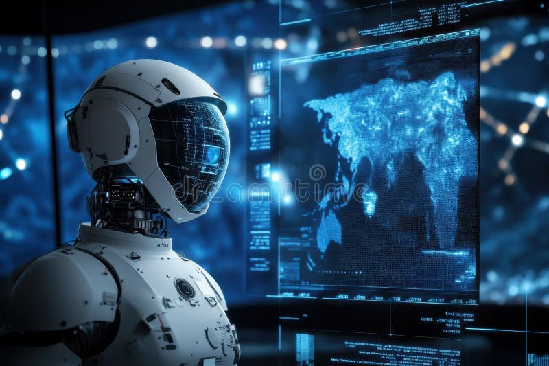 Futuristic Robot Analyzing Digital World Map in Advanced Technology ...