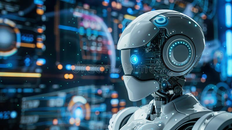 Futuristic Robot Analyzing Market Data in Tech Control Room Stock Image ...