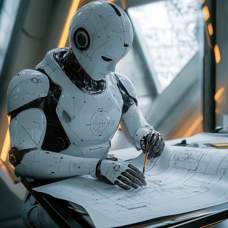 Futuristic Robot Architect Working on Blueprints in Modern Office Stock Photo - Image of ...