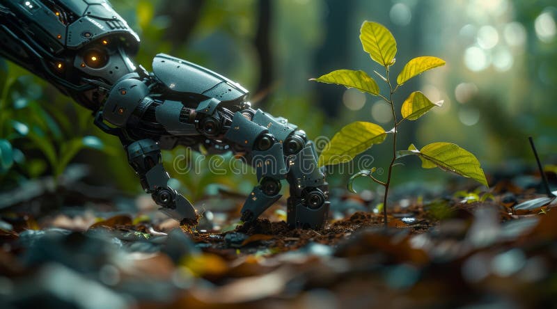 Futuristic Robot Arm Planting a Young Tree in the Forest, Symbolizing ...