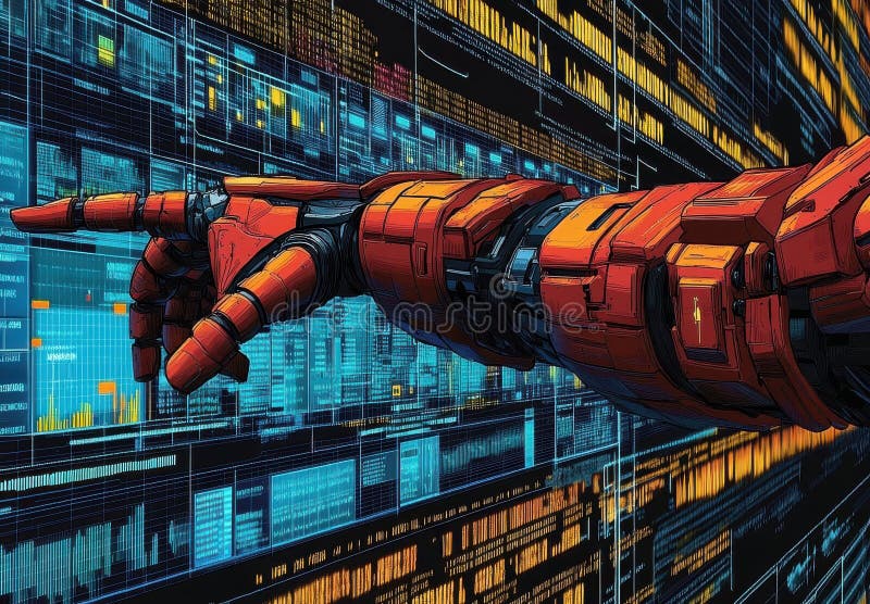 Futuristic Robot Arm Pointing at Advanced AI Data Interface Stock Photo ...