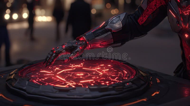 A Futuristic Robot Arm Reaching for a Glowing Red Sphere. Stock Photo ...