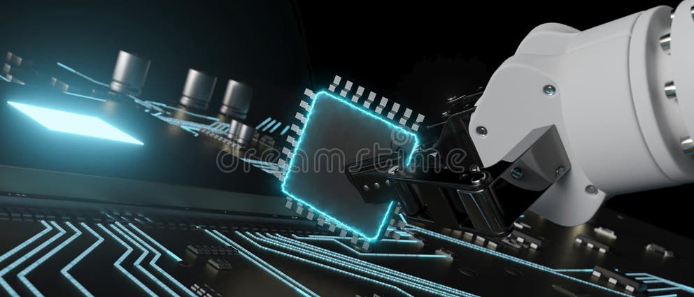 Robot Arm Working with Electronics 3d Render Stock Illustration - Illustration of engineering ...