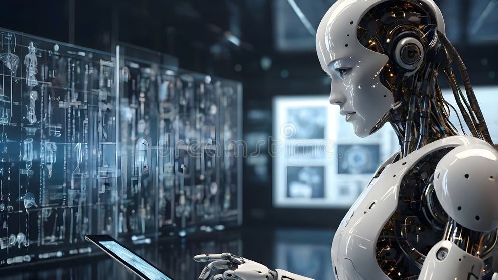 Futuristic Robot Artificial Intelligence Humanoid AI with Tablet in Her ...