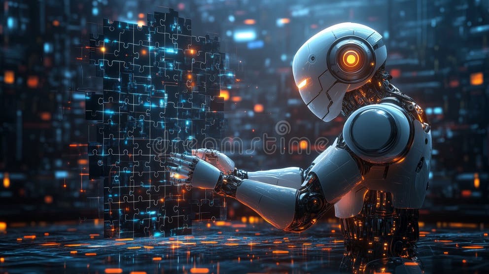 Futuristic Robot Assembling a Digital Puzzle in a Cybernetic World ...