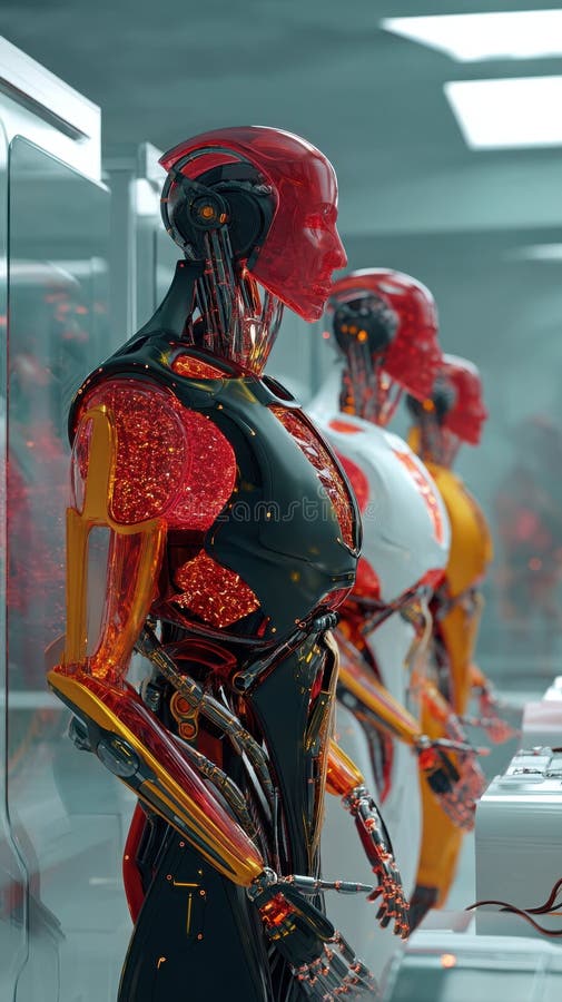 Futuristic Robot Assembly Line with Glowing Internal Components and ...