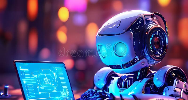 Futuristic Robot Assistance with Laptop Working Activity, Artificial ...