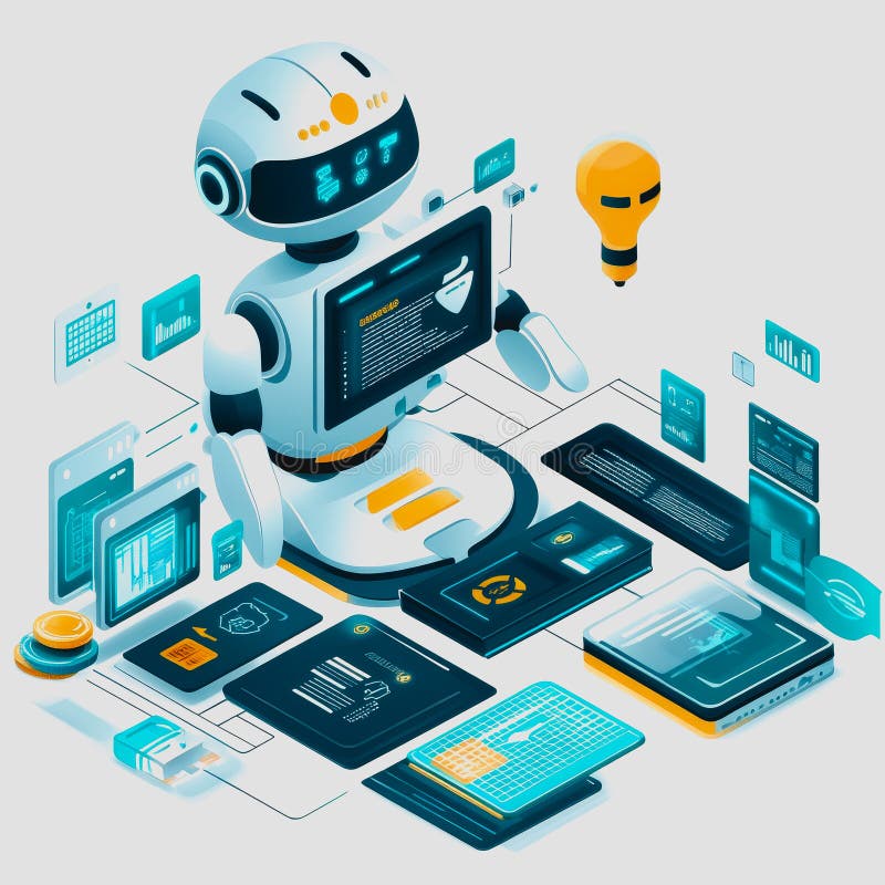 Futuristic Robot Assistant Surrounded by Digital Devices, Graphs, Data ...